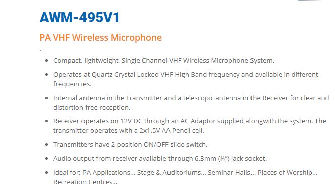 Ahuja AWM 495V1 Wireless microphone – publicaddresssolutions